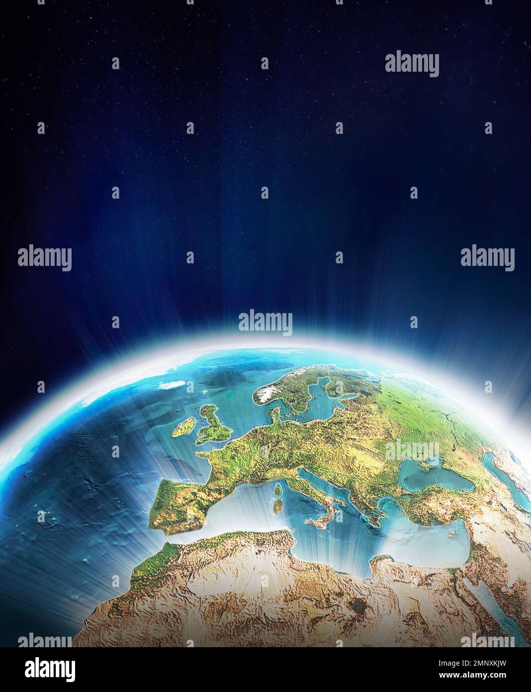 Earth in space with glowing Europe continent. 3D illustration Stock ...