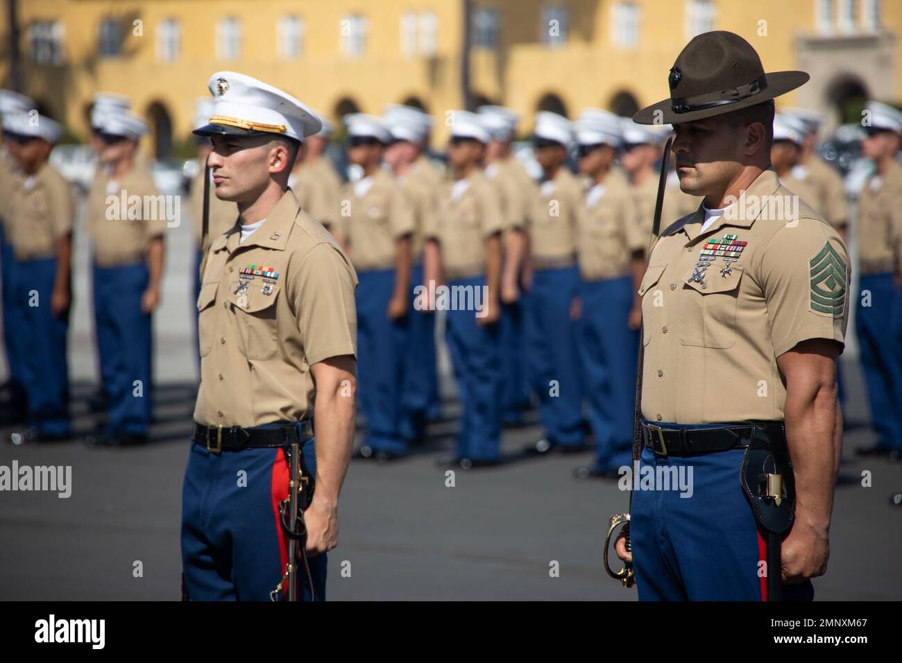 U.S. Marine Corps Capt. B. Deiters, left, and 1st Sgt. J. Aguayo, the ...
