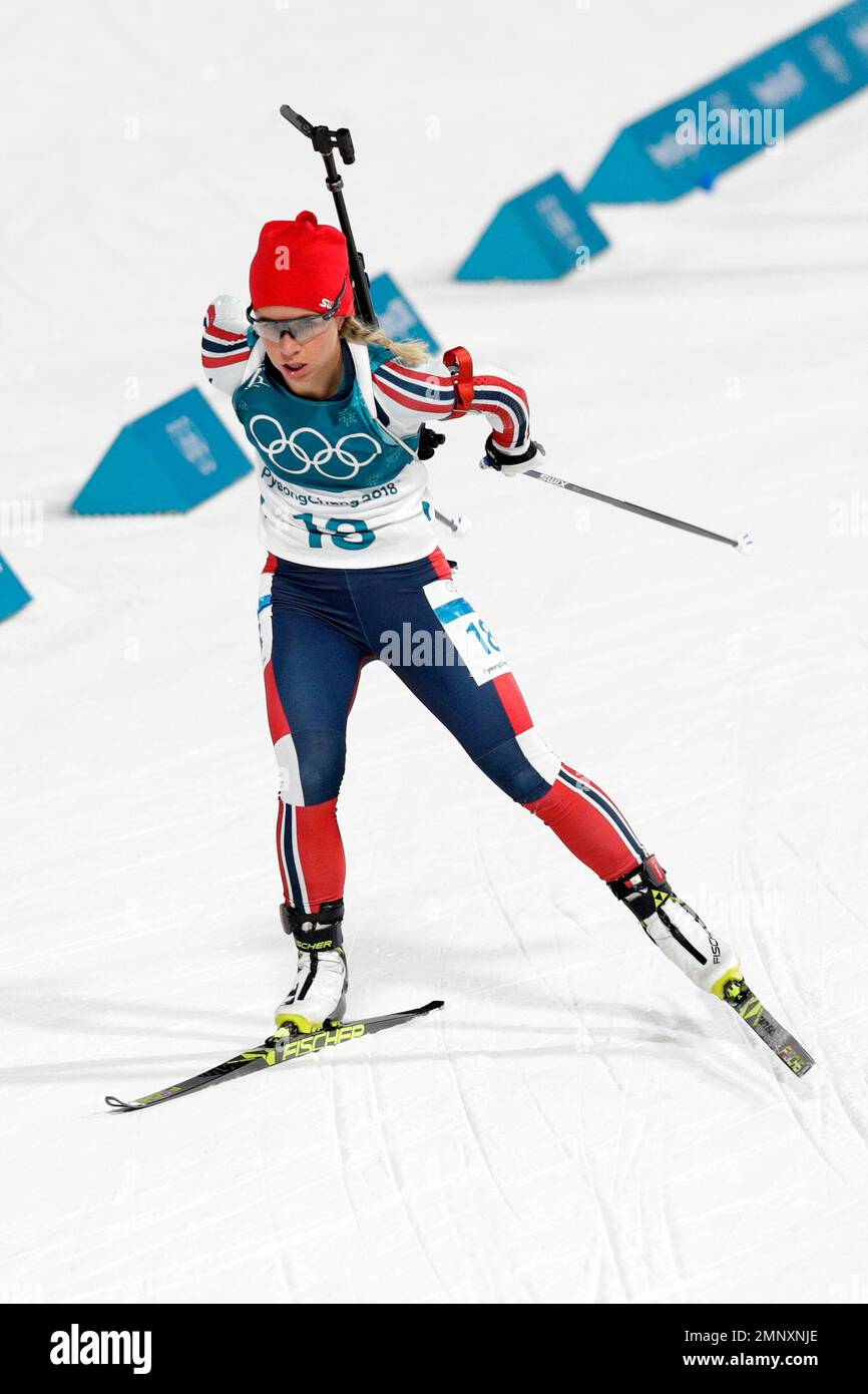 Bronze medalist Tiril Eckhoff, of Norway, skis toward the finish line ...