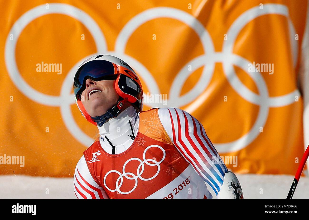 United States' Lindsey Vonn reacts in the finish area after competing ...