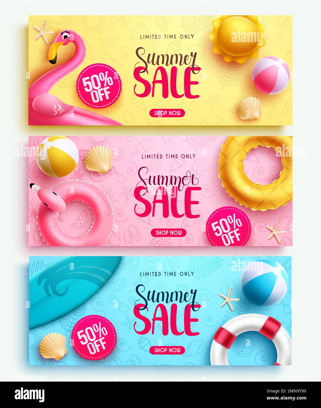 Summer sale vector banner set. Summer sale text with 50% off limited ...