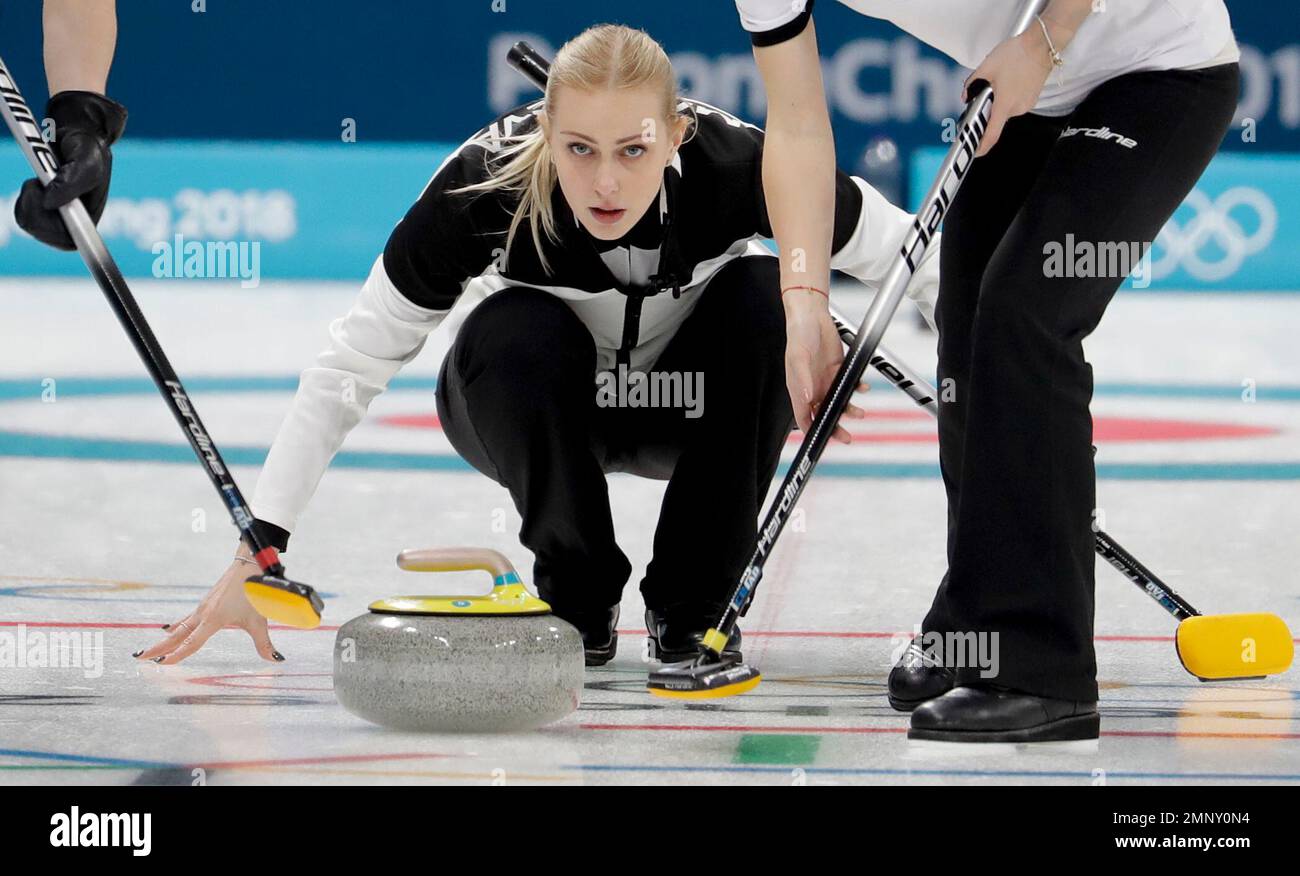 Olympic Athlete from Russia skip Victoria Moiseeva looks on during a ...