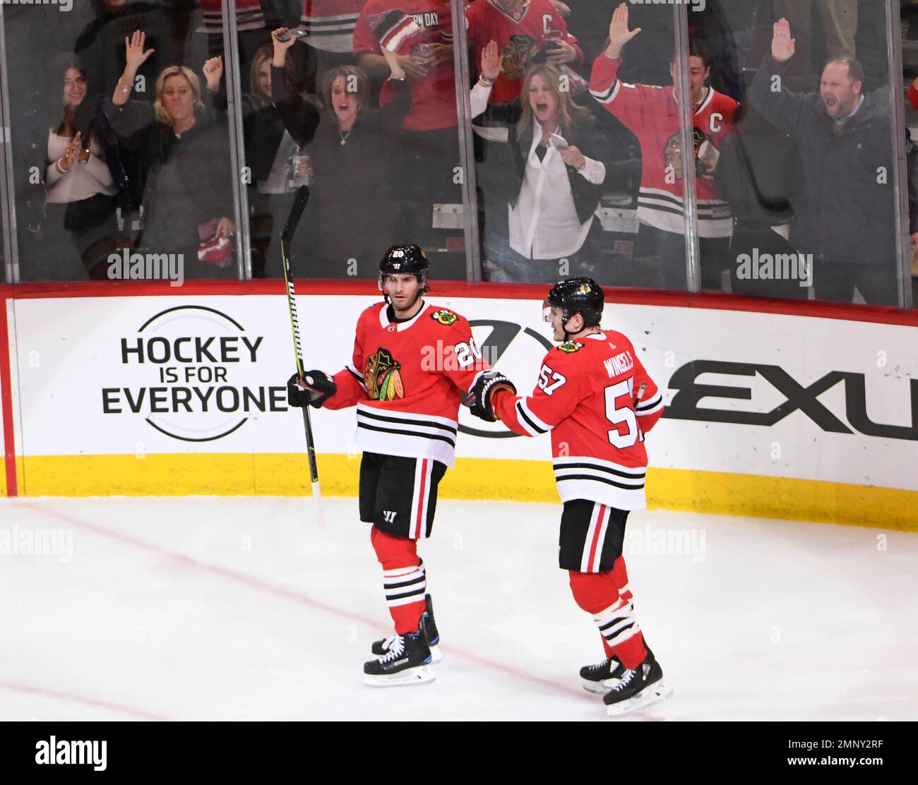 Chicago Blackhawks left wing Brandon Saad (20) celebrates his goal ...