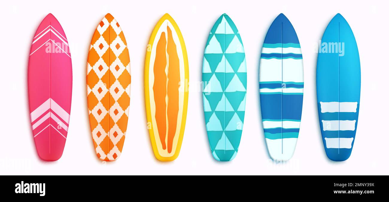 Surfing board vector set. Surfboard summer elements in colorful pattern design isolated in white ...