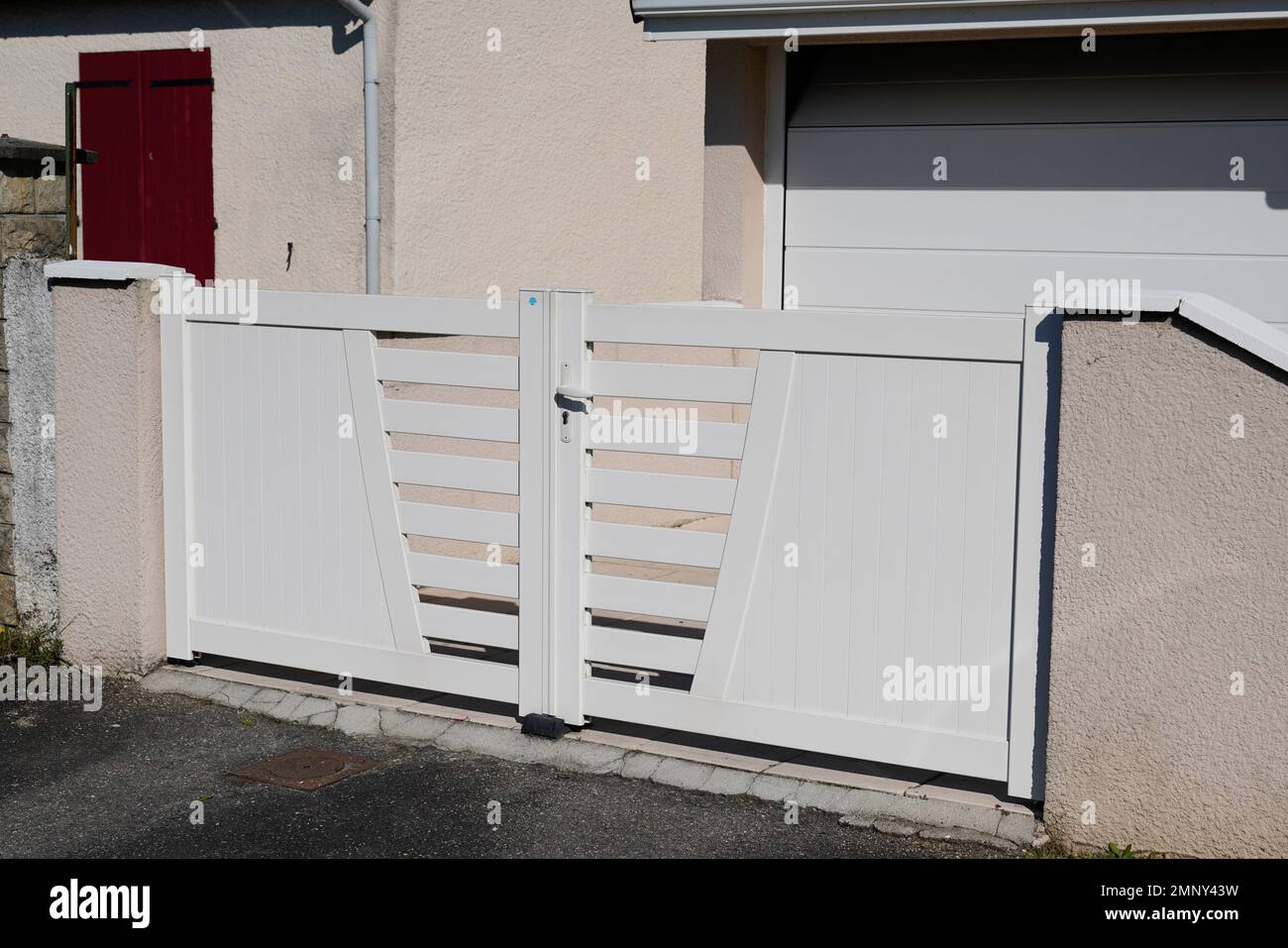 steel modern white gate aluminum portal with blades of suburban house ...