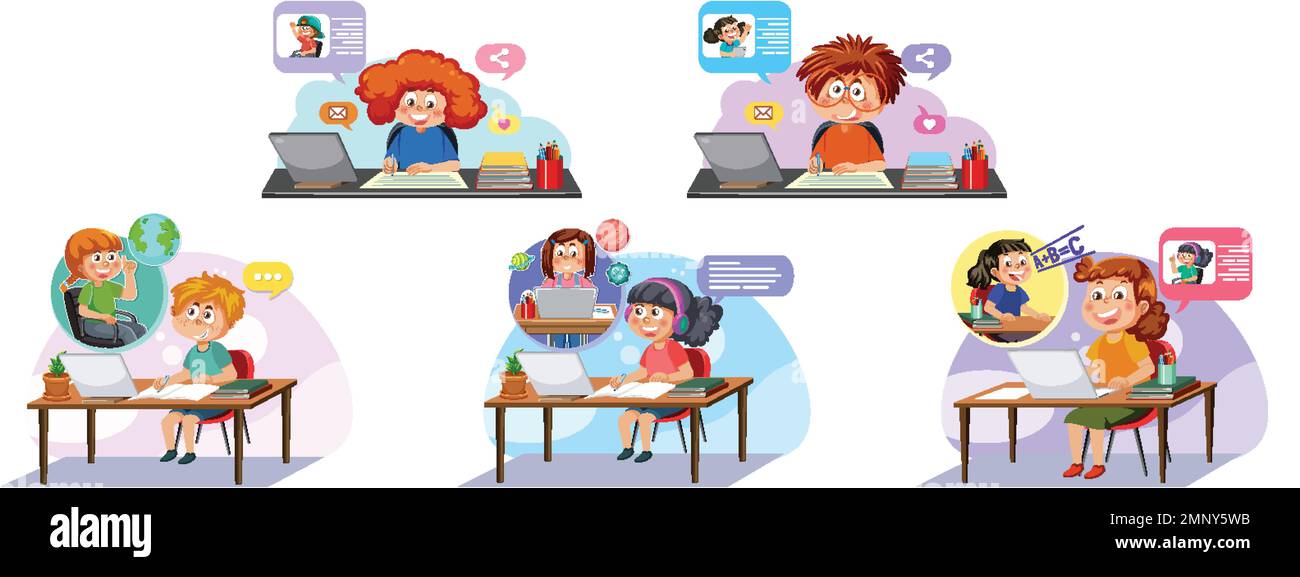 Set of student cartoon character online learning and meeting ...