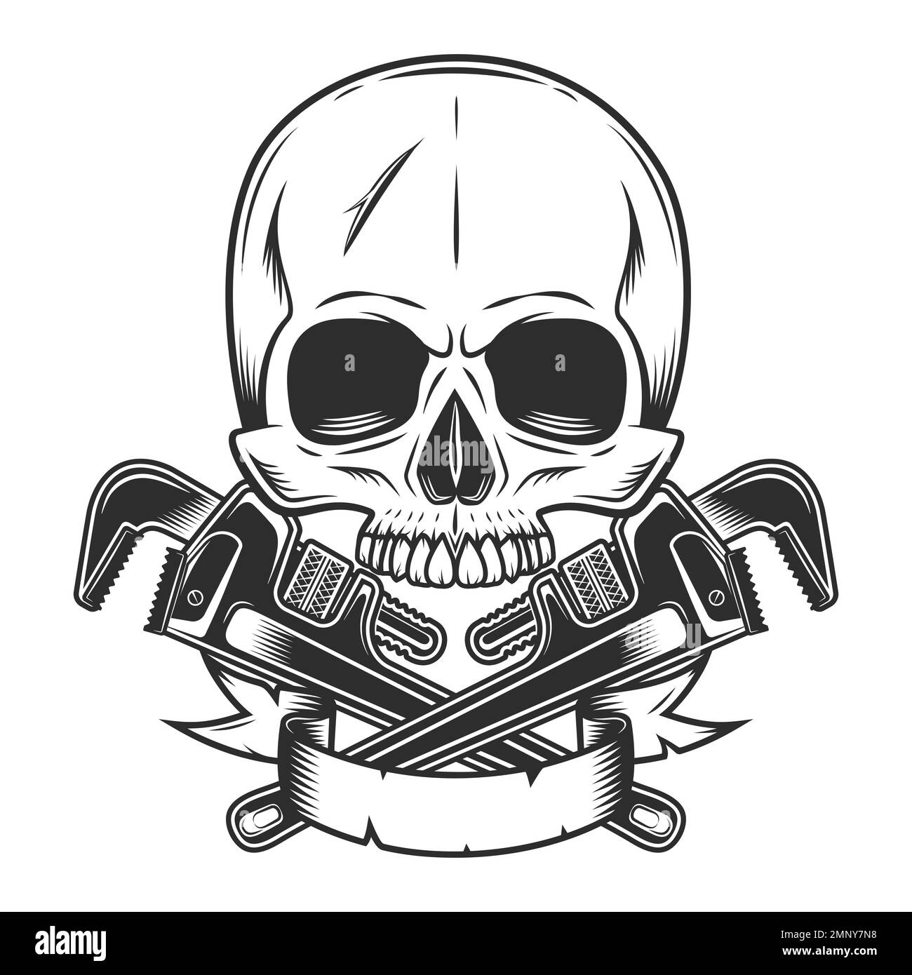 Vintage skull without jaw with body shop mechanic spanner repair tool ...