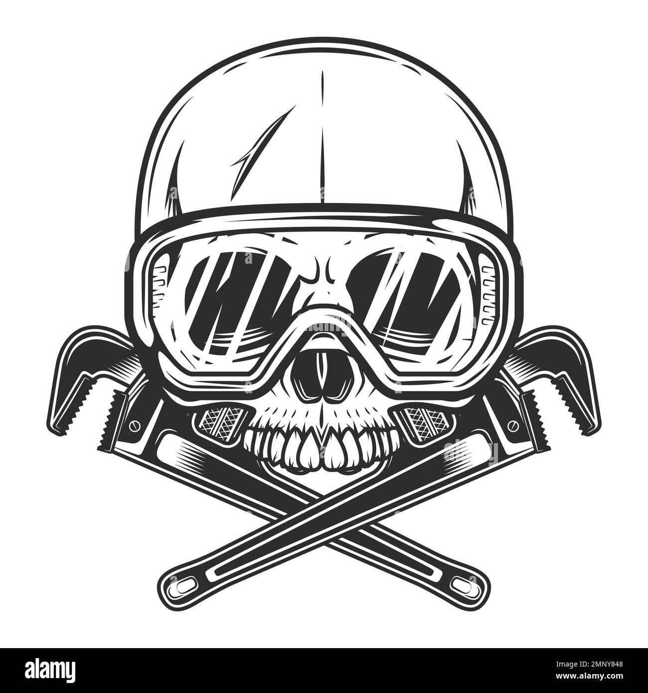 Vintage half skull in safety glasses with body shop mechanic spanner ...