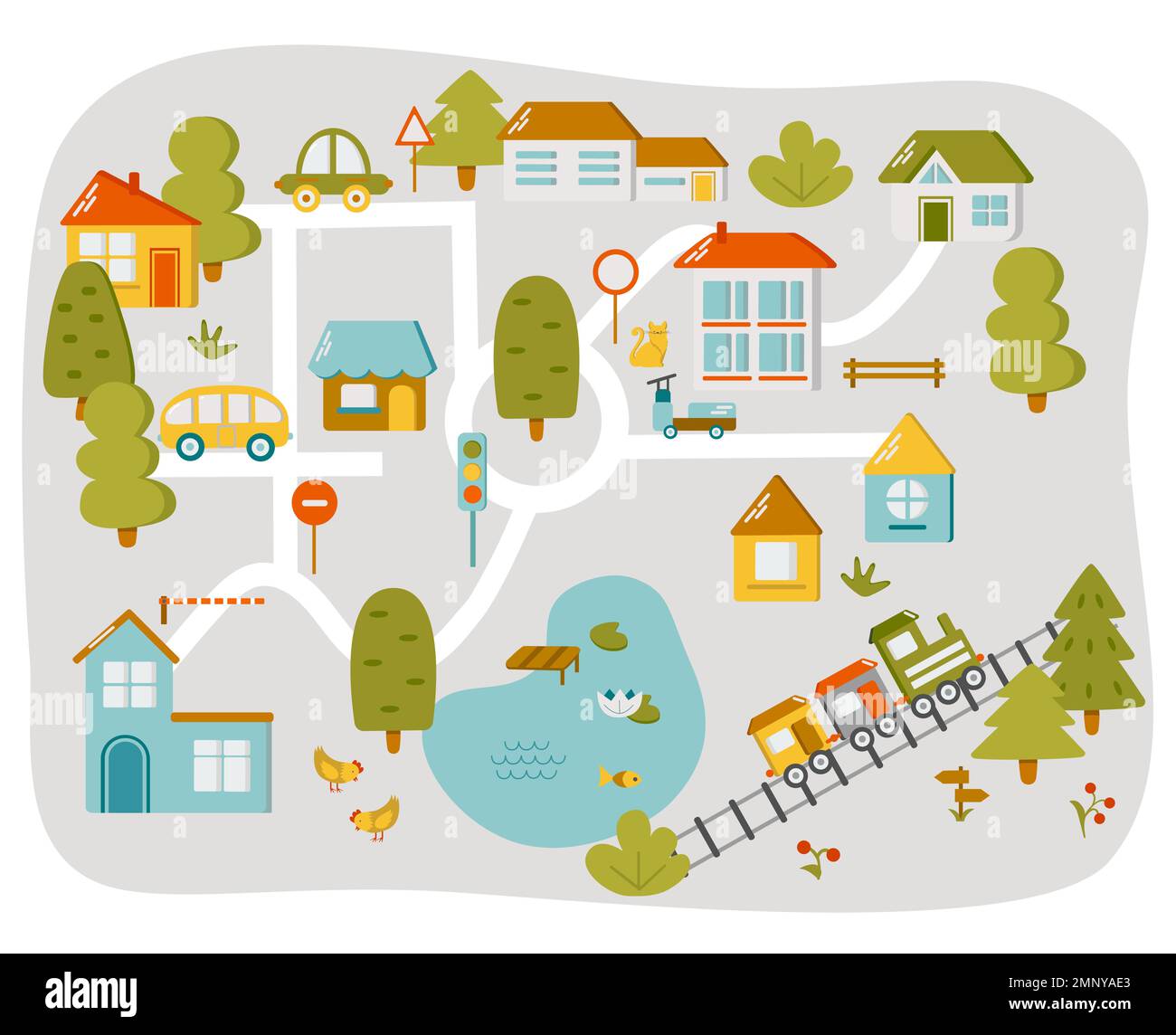 Cute town map for kids room. Landscape with lot details. Vector ...
