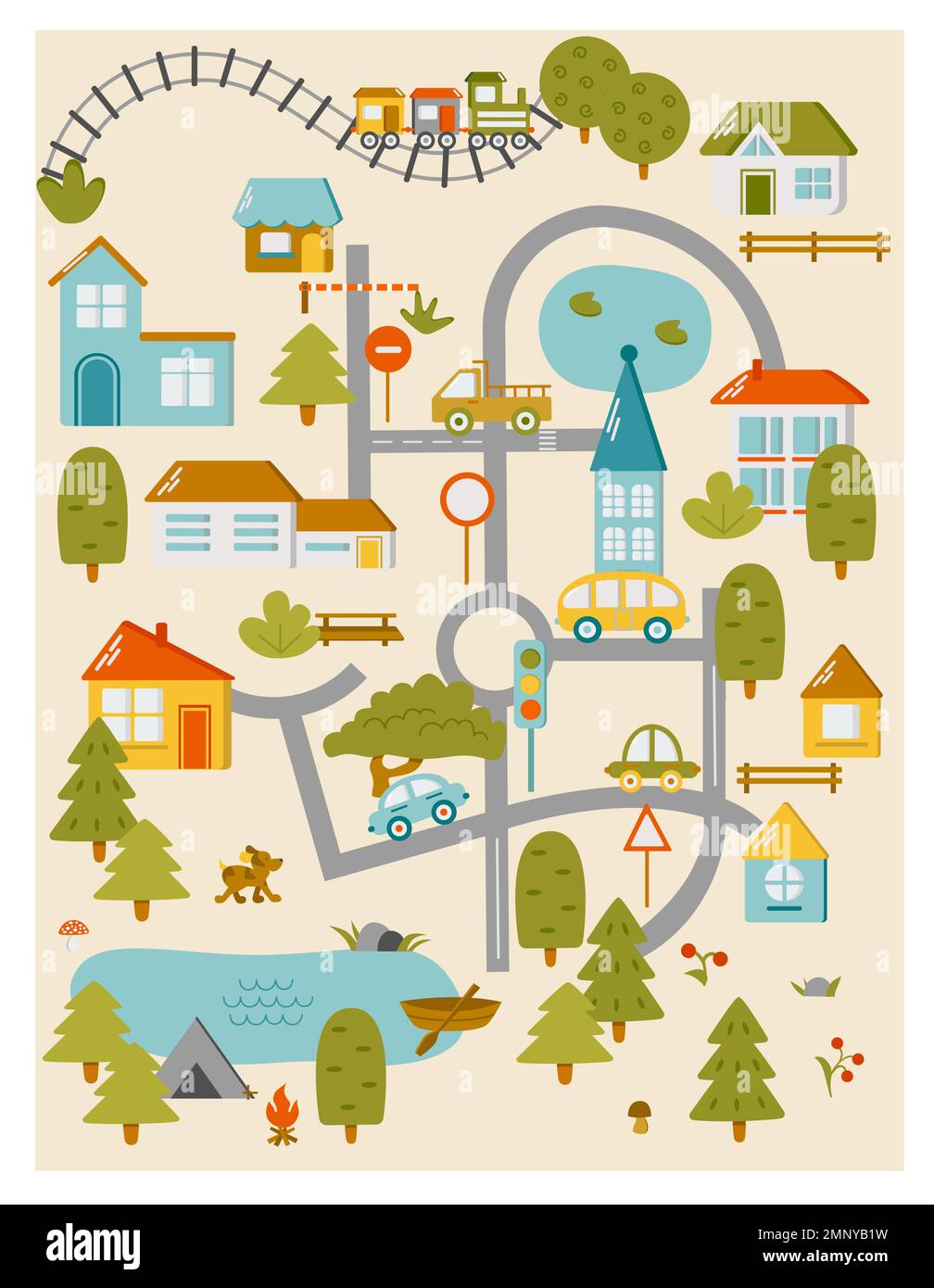 Cute town map for kids room. Landscape with lot details. Vector ...