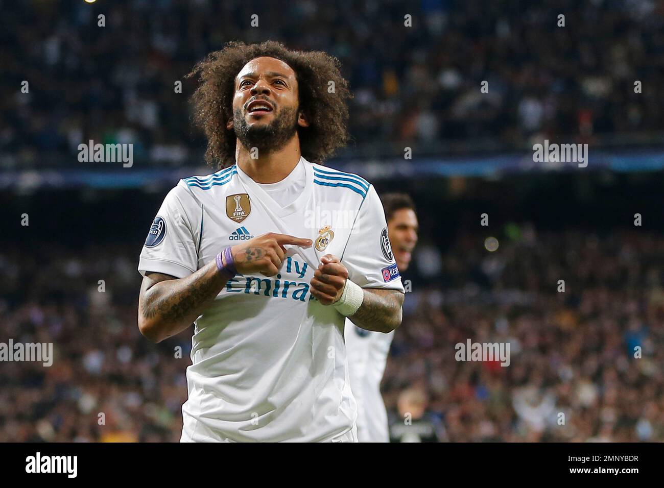 Real Madrid's Marcelo, celebrates his side's 3rd goal with during the ...