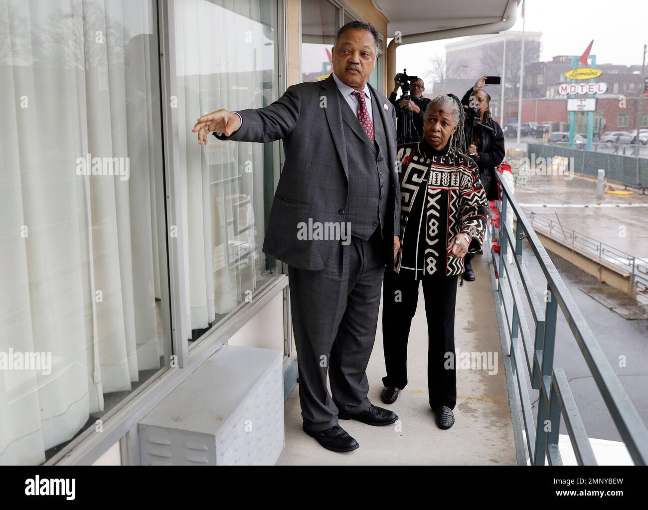 Rev. Jesse Jackson gives Iva E. Carruthers a tour of the balcony at the National Civil Rights ...