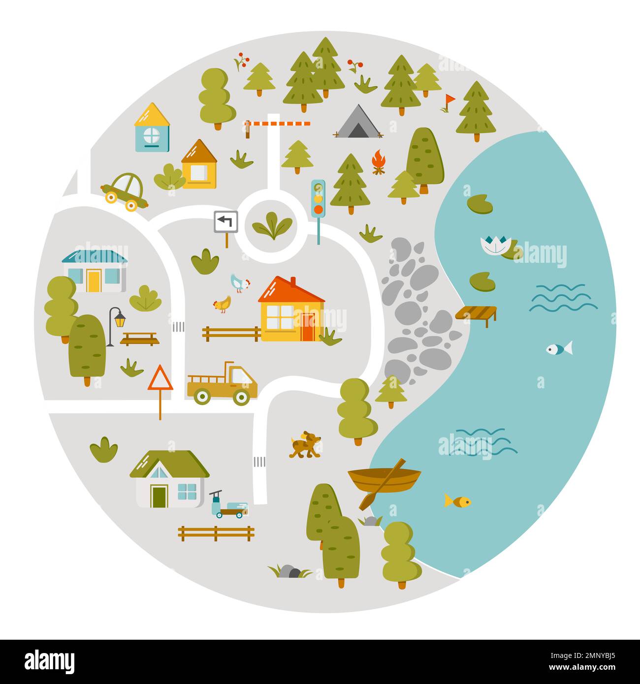 Cute town map for kids room. Landscape with lot details. Vector ...