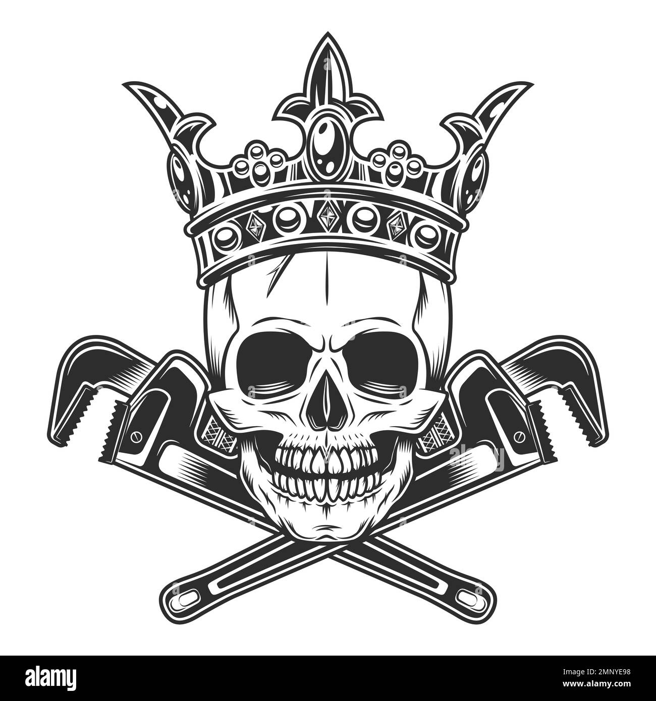 Vintage skull in royal crown with body shop mechanic spanner repair ...