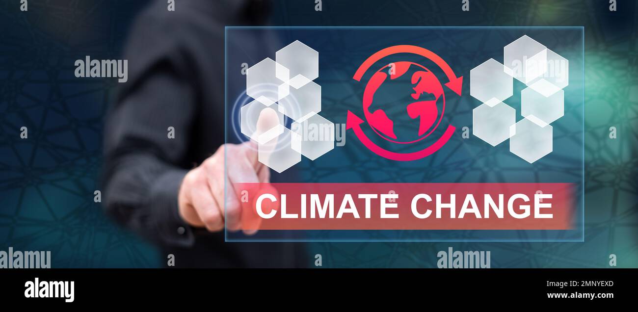 Man touching a climate change concept on a touch screen with his finger ...