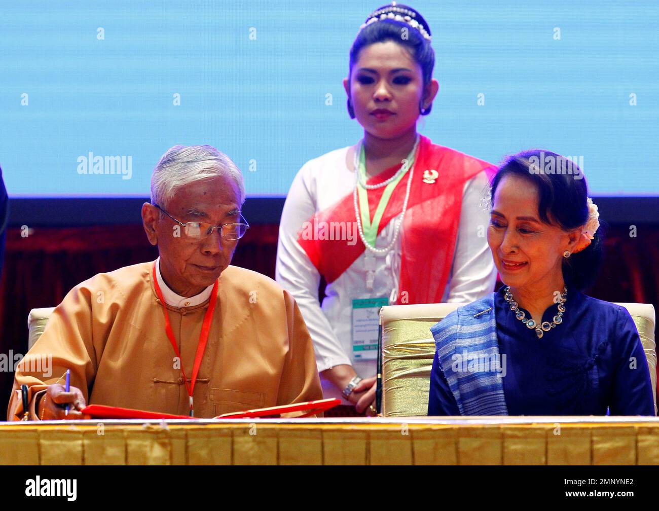 Myanmar's leader Aung San Suu Kyi, right, and Myanmar's President Htin ...