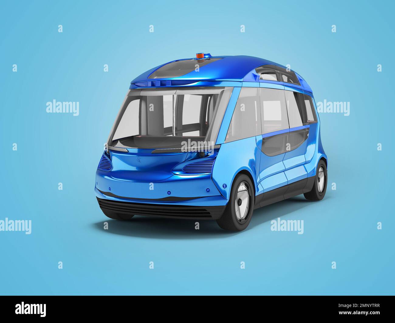 3D illustration of blue unmanned electric bus for the city on blue ...