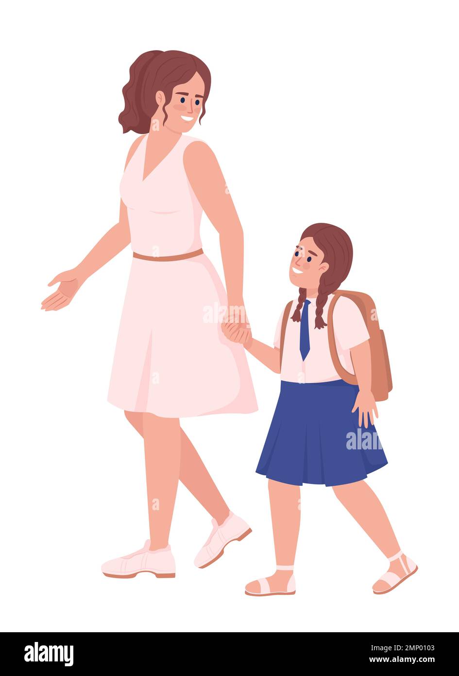 Mother with daughter in school uniform semi flat color vector ...
