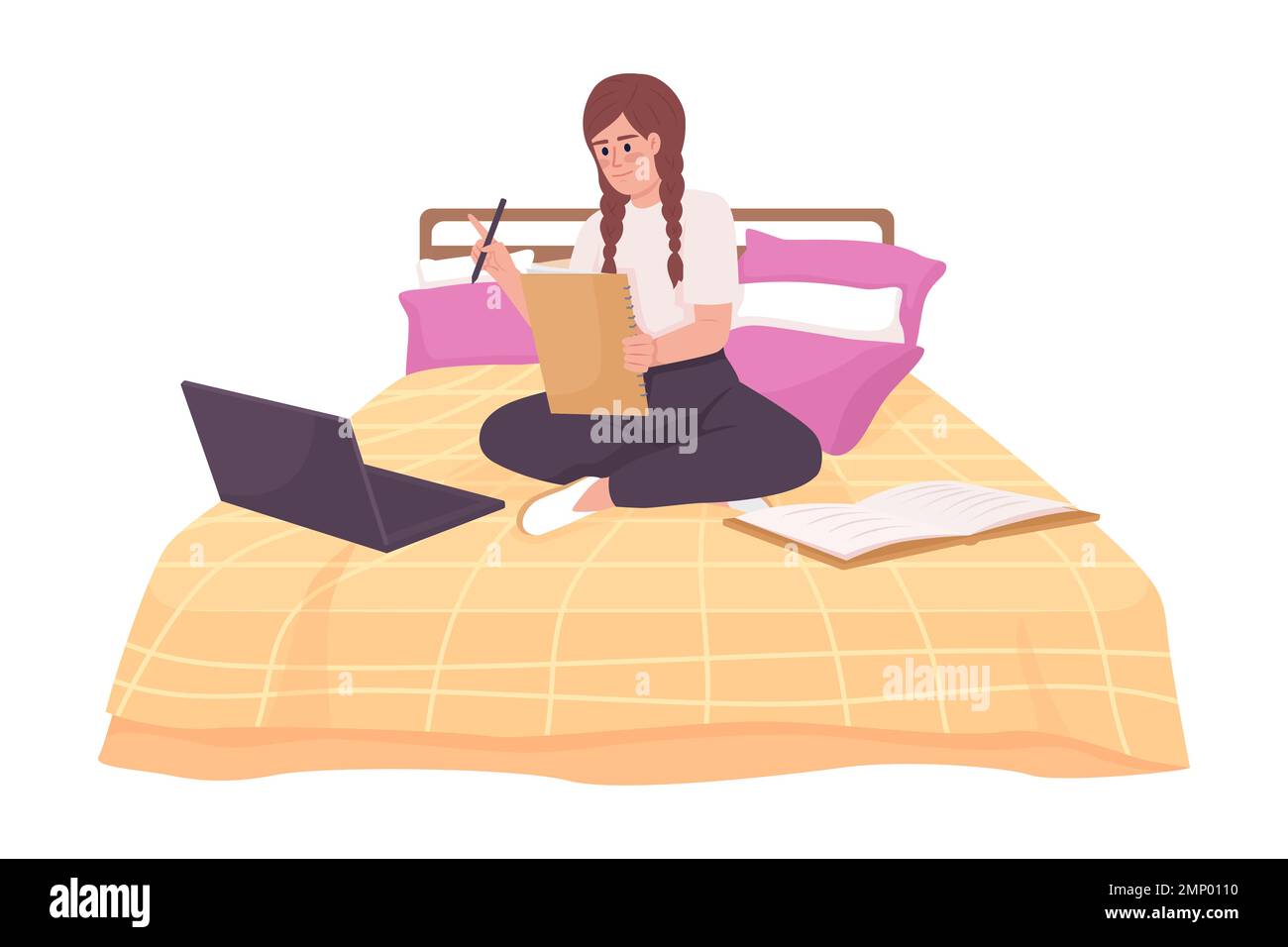 Happy girl doing home assignment with laptop in bed semi flat color ...