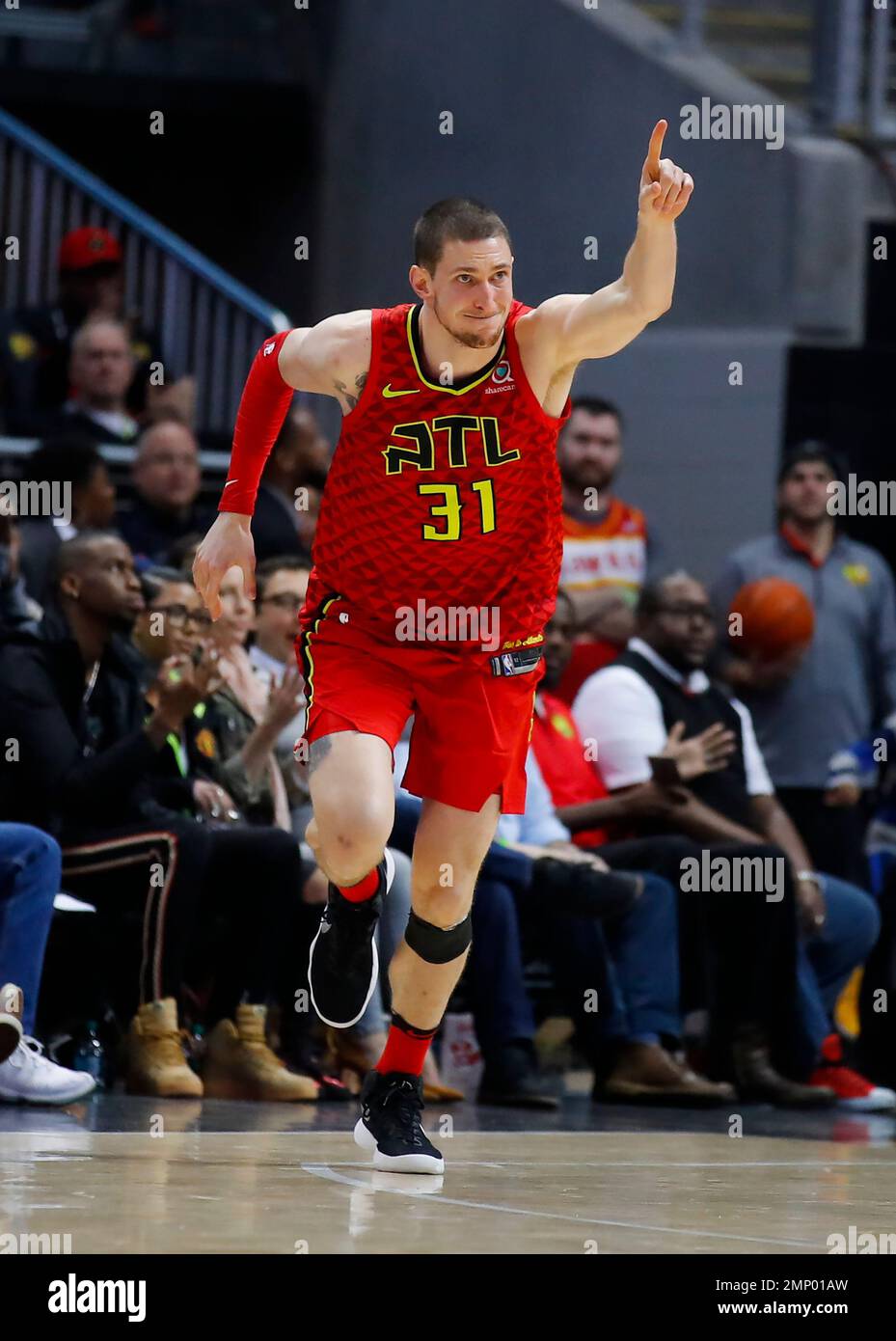 Atlanta Hawks forward Mike Muscala (31) reacts after scoring a three ...