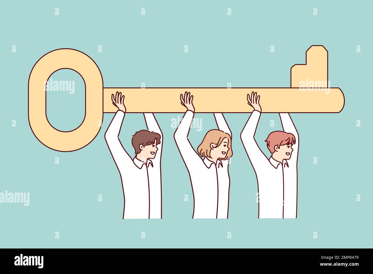 Team workers raises huge key above their heads, symbolizing joint ...