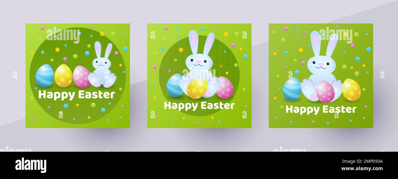 Happy Easter social media post with colorful eggs and bunny. Template ...