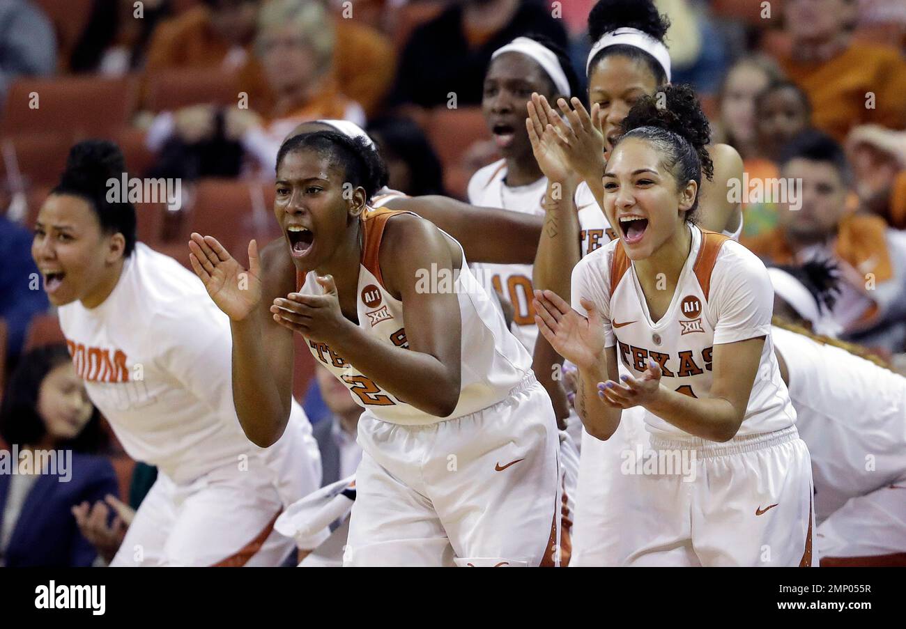 Texas guard Brooke McCarty, right, guard Ariel Atkins, center, and ...
