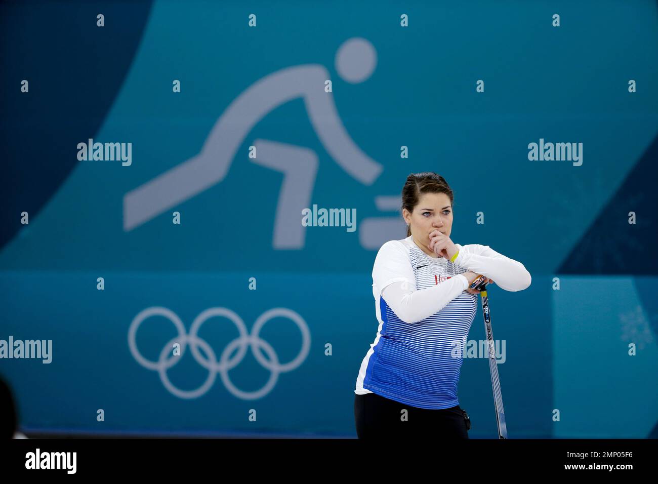 United States' Becca Hamilton stands on the ice during a mixed doubles ...