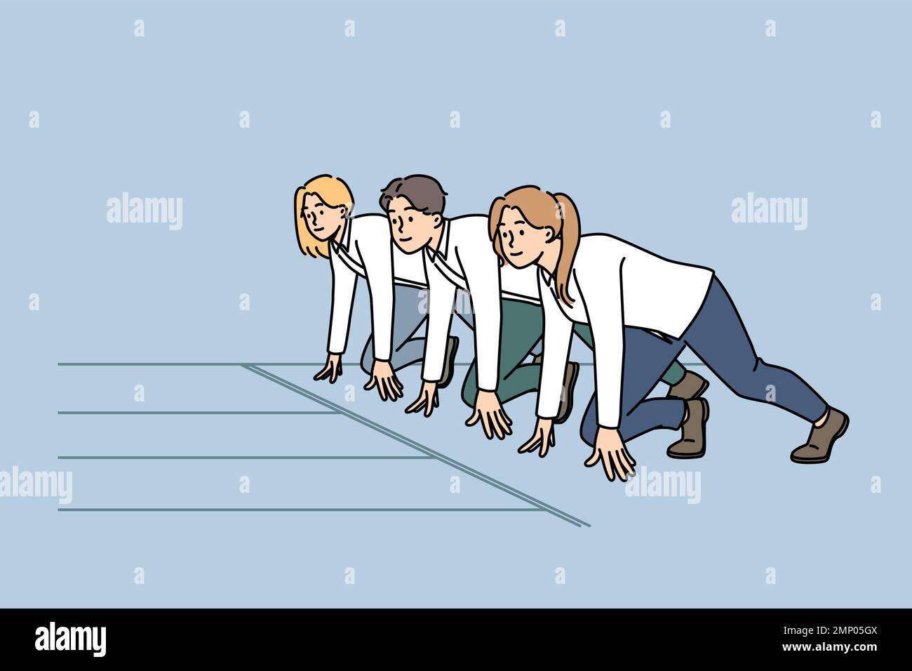 Motivated businesspeople at start at stadium prepared for running ...