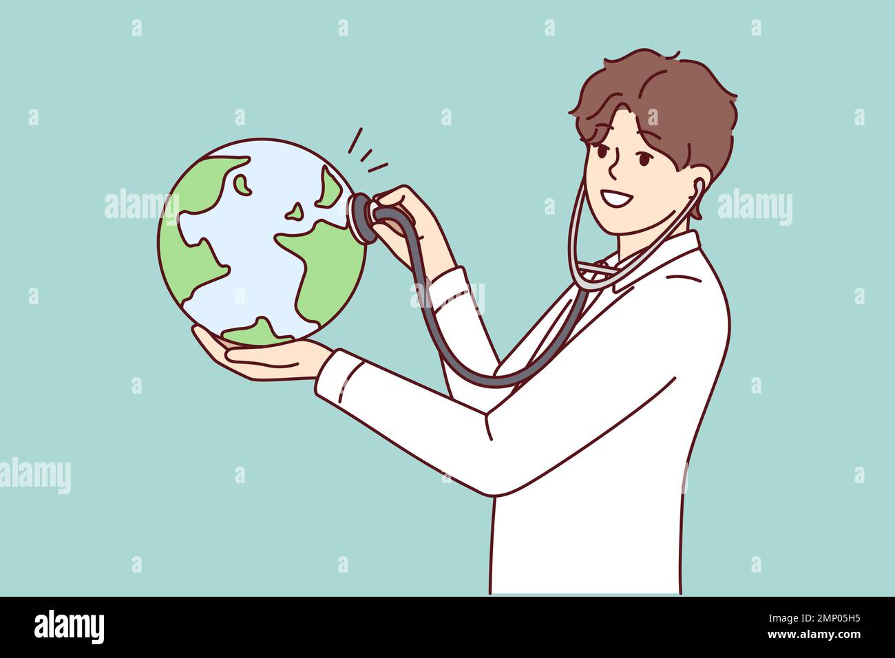 Man doctor applies stethoscope to globe demonstrating care for ecology ...
