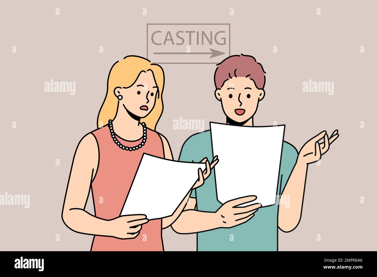 Young people reading lines in script prepare for casting in studio. Man ...