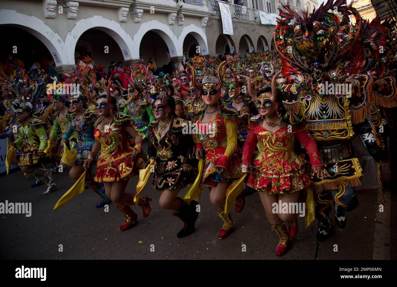 Dancers perform the traditional "Diablada" or Dance of the Devils ...