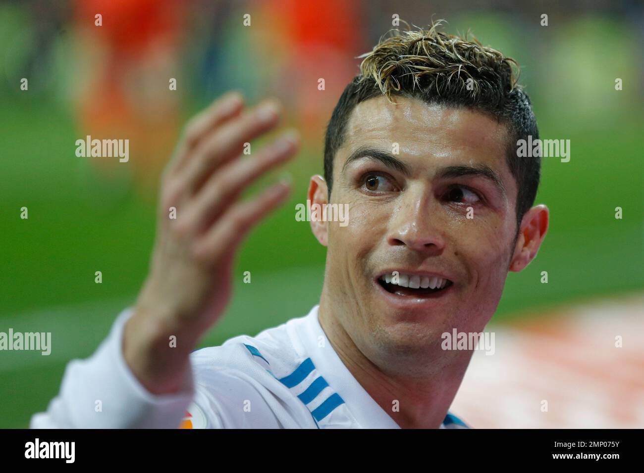 Real Madrid's Cristiano Ronaldo gestures towards the assistant referee ...