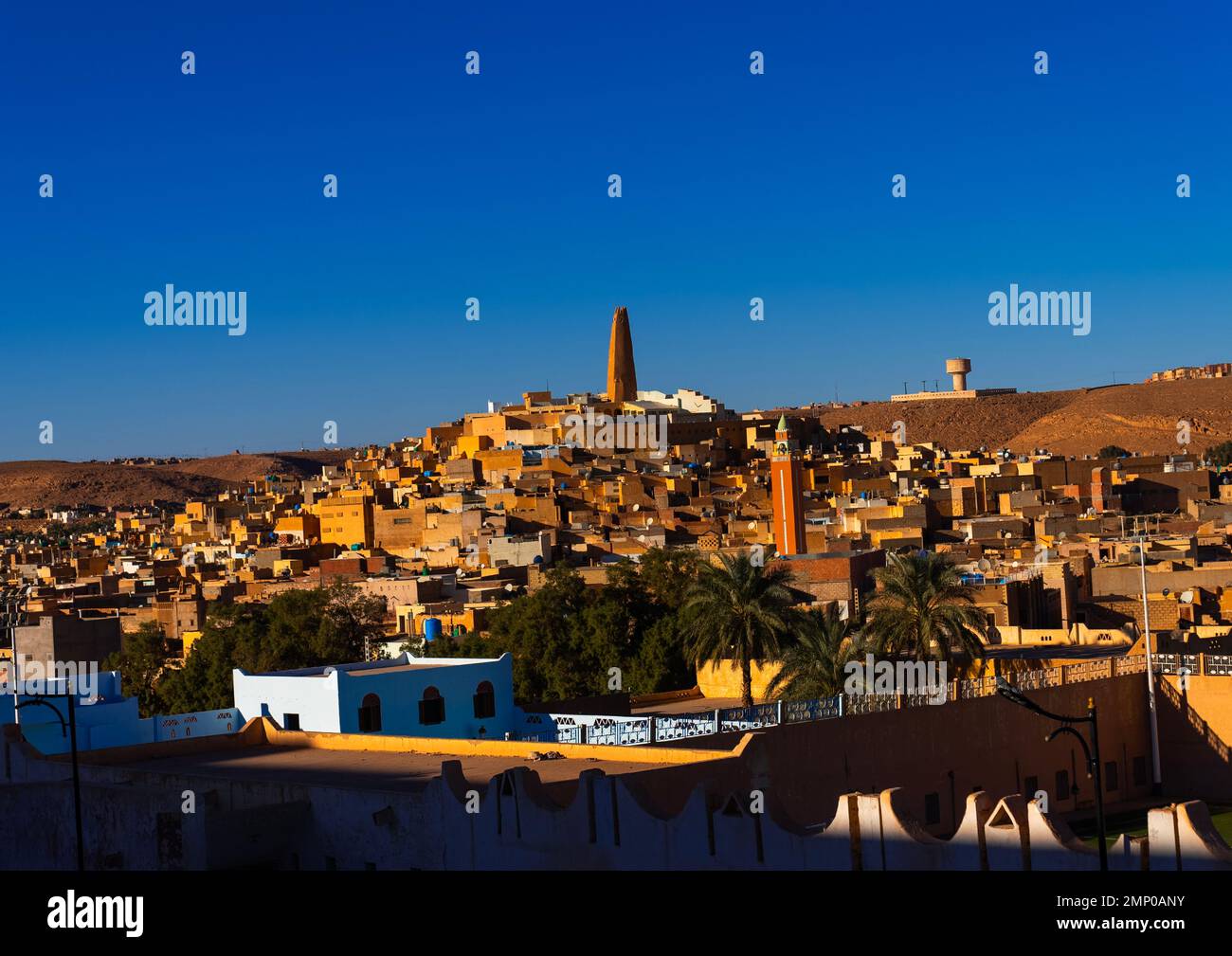 View of the old town with a minaret at the top, North Africa, Ghardaia ...