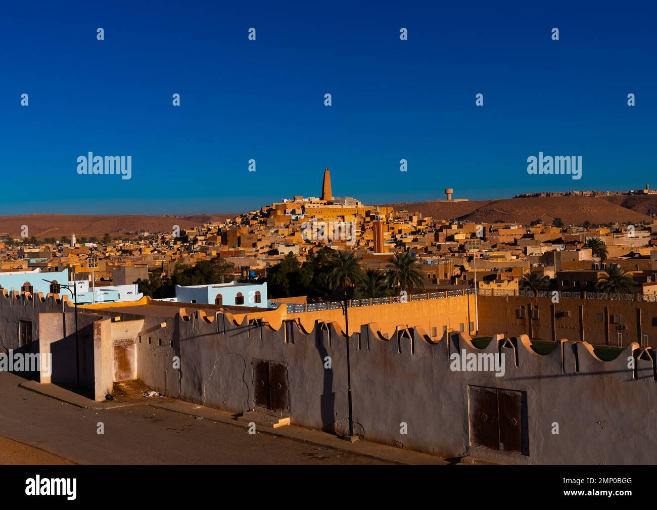 View of the old town with a minaret at the top, North Africa, Ghardaia ...