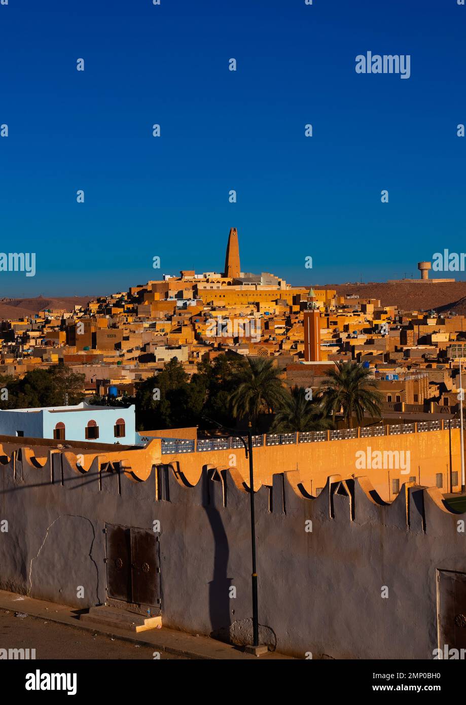 View of the old town with a minaret at the top, North Africa, Ghardaia ...