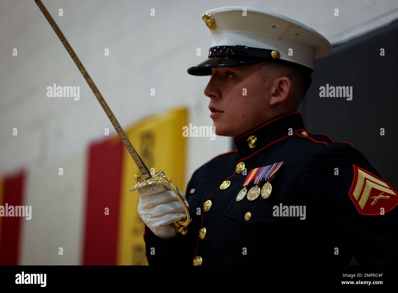 Corporal Samuel R. Smith, marcher, Bravo Company, executes return sword ...
