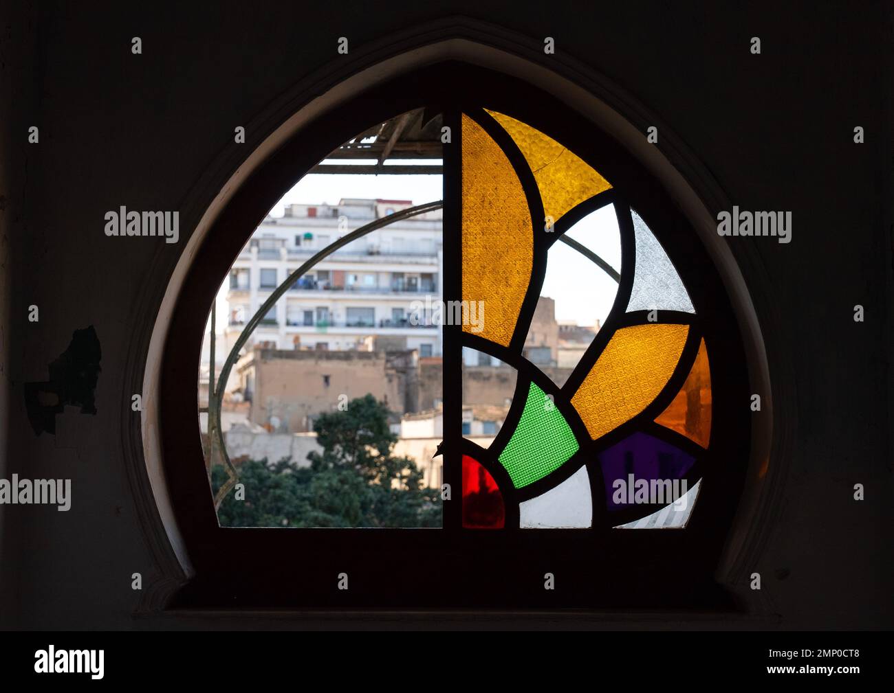 Chateau Neuf fort broken stained Glass window, North Africa, Oran ...