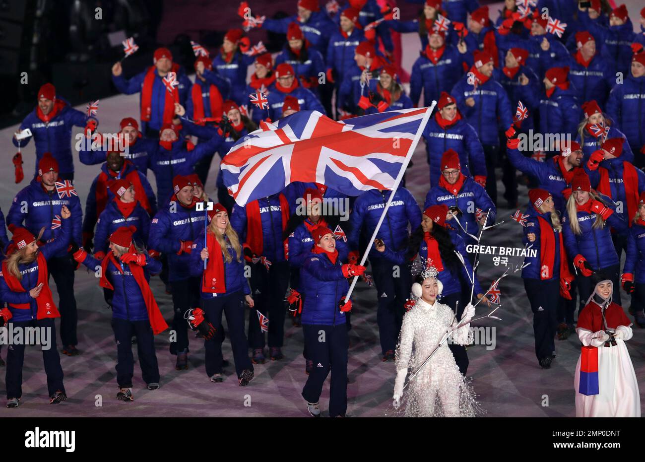 Lizzy Yarnold carries the flag of Britain during the opening ceremony ...