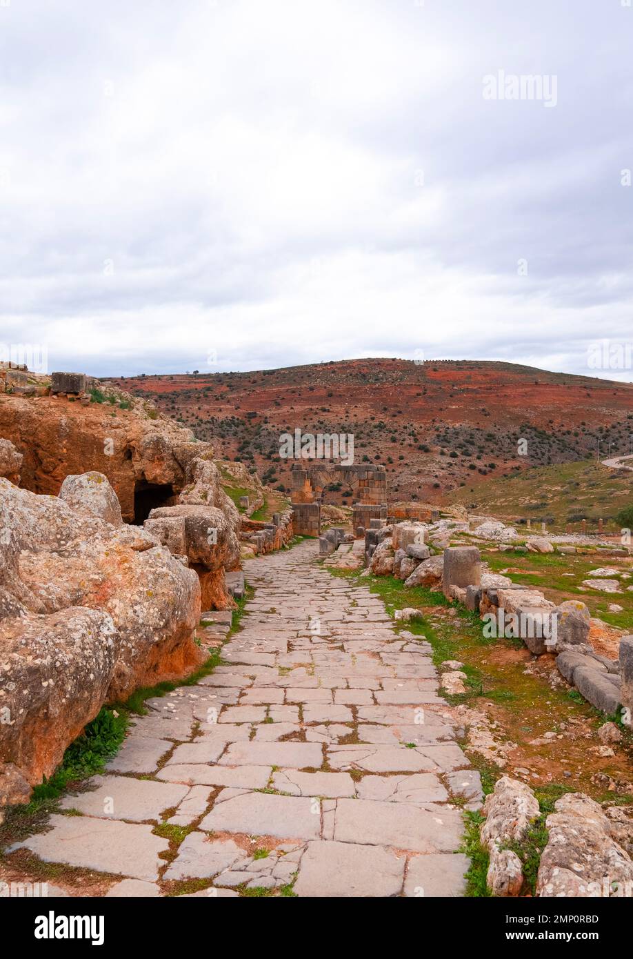 Bending section of Cardo Maximus in Tiddis Roman ruins, North Africa ...