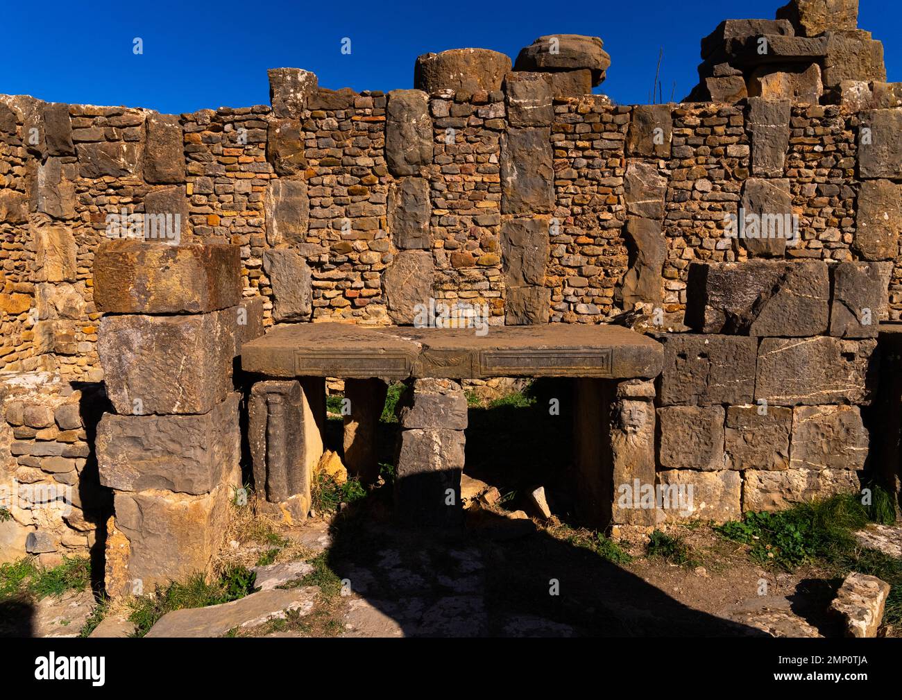 Decorated stone counters in the Roman ruins, North Africa, Djemila ...