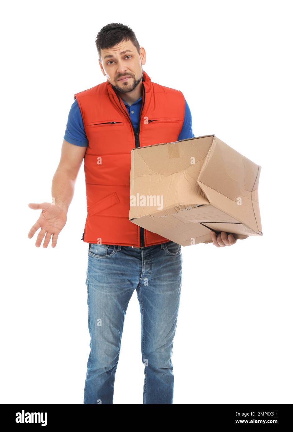 Emotional courier with damaged cardboard box on white background. Poor ...