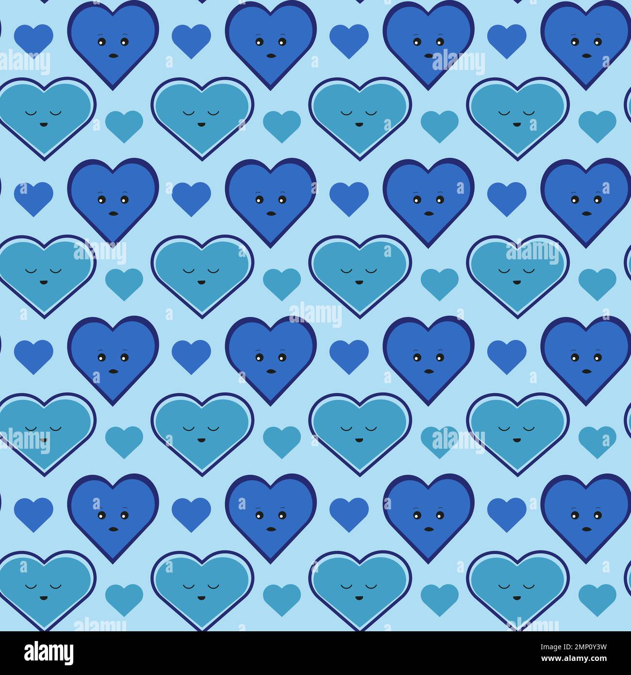 Seamless pattern with blue hearts different emotions and design. Vector ...