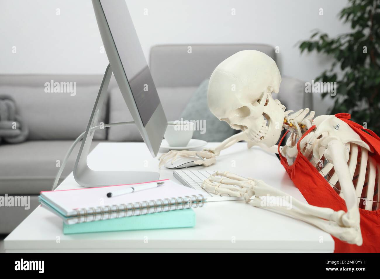 Human skeleton in red dress using computer at home Stock Photo - Alamy