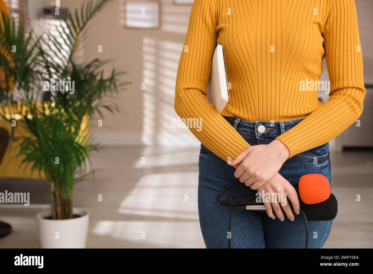 Professional journalist with modern microphones in room, closeup Stock ...