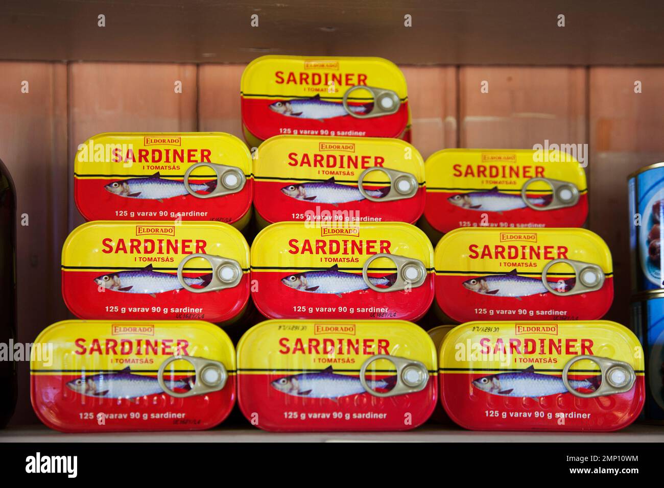 Sweden, sardines in a tin for sale in an old grocery shop are displayed as Andy Warhol art Stock ...