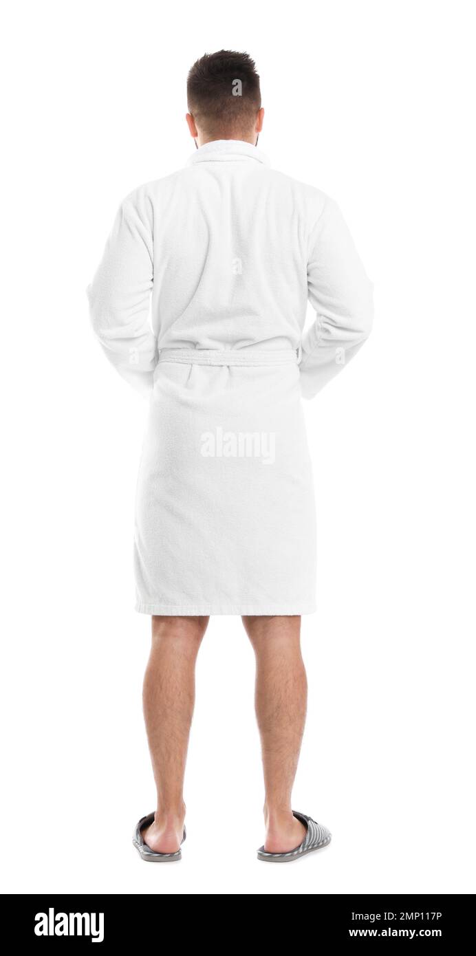 Man wearing bathrobe on white background, back view Stock Photo - Alamy