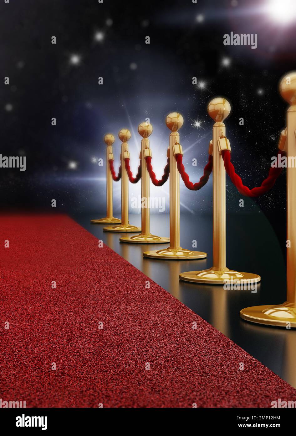 Red carpet night illuminated with flashes. 3D illustration Stock Photo ...