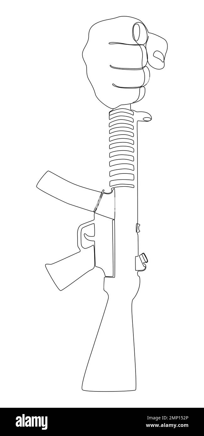 One continuous line of hand holding a Machine Gun by the barrel. Thin ...