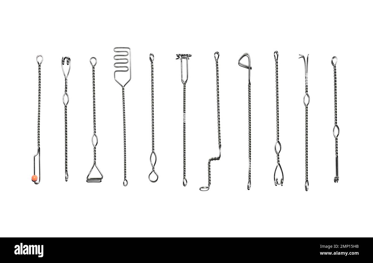 Set of logopedic probes on white background, top view. Speech therapist ...